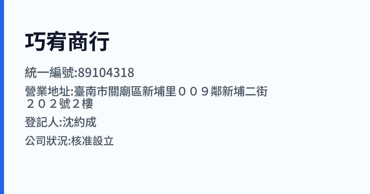 巧宥商行 - 統編 89104318(臺南市) 公司登記資料與營業項目詳細圖表