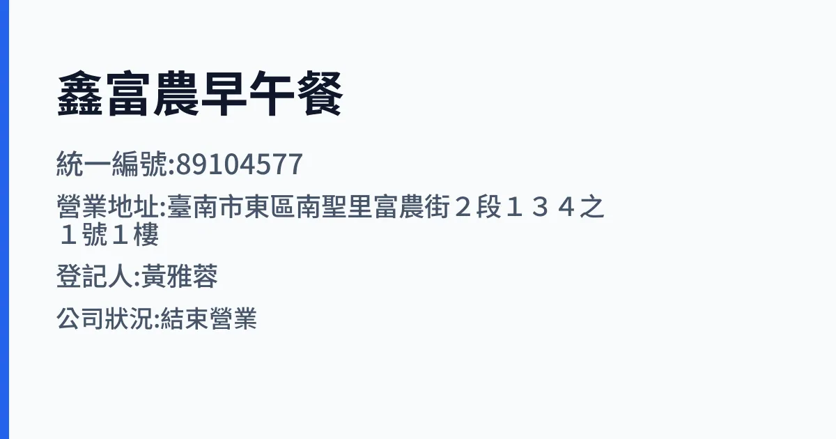 鑫富農早午餐 - 統編 89104577(臺南市) 公司登記資料與營業項目詳細圖表