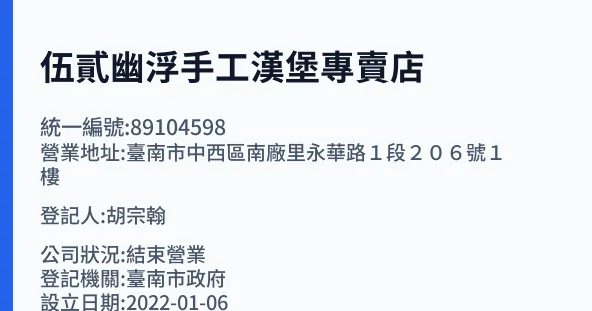 伍貳幽浮手工漢堡專賣店的照片-統編 89104598(臺南市) 公司登記資料與營業項目詳細圖表