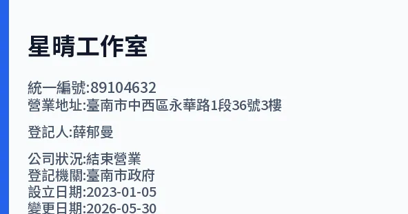星晴工作室的照片-統編 89104632(臺南市) 公司登記資料與營業項目詳細圖表