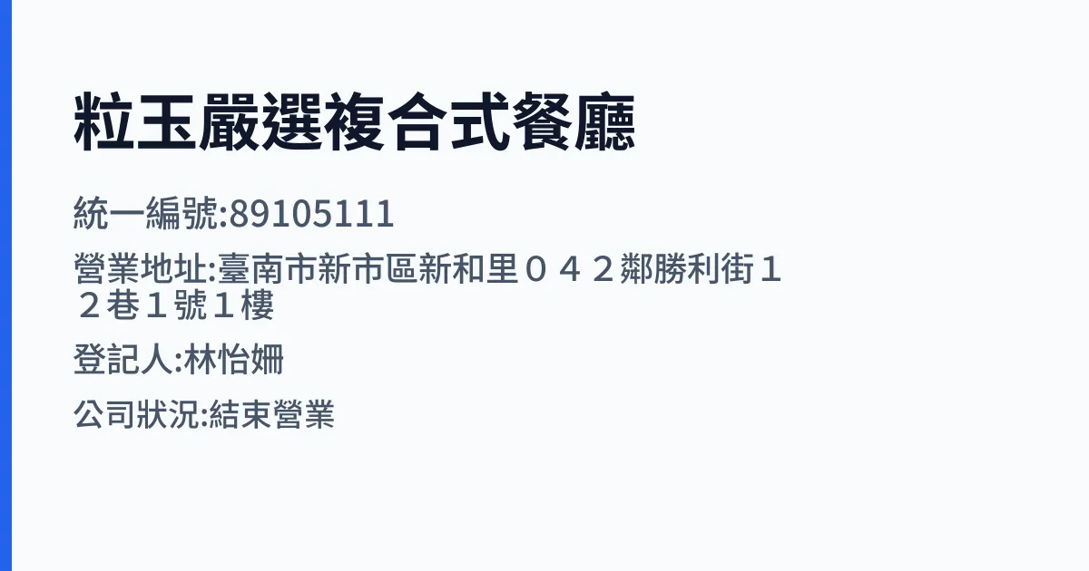 粒玉嚴選複合式餐廳 - 統編 89105111(臺南市) 公司登記資料與營業項目詳細圖表