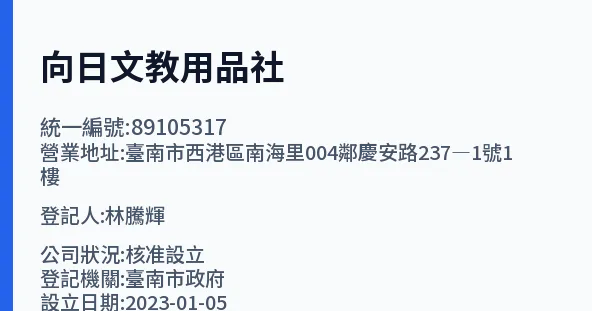 向日文教用品社的照片-統編 89105317(臺南市) 公司登記資料與營業項目詳細圖表