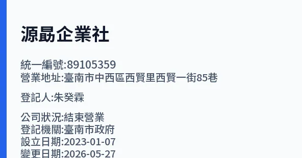 源勗企業社的照片-統編 89105359(臺南市) 公司登記資料與營業項目詳細圖表