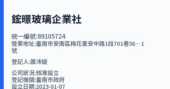 鋐暻玻璃企業社的照片-統編 89105724(臺南市) 公司登記資料與營業項目詳細圖表