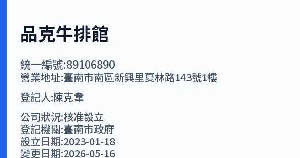 品克牛排館的照片-統編 89106890(臺南市) 公司登記資料與營業項目詳細圖表