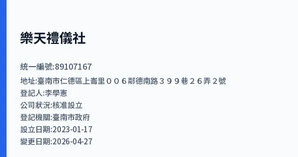 樂天禮儀社的照片-統編 89107167(臺南市) 公司登記資料與營業項目詳細圖表