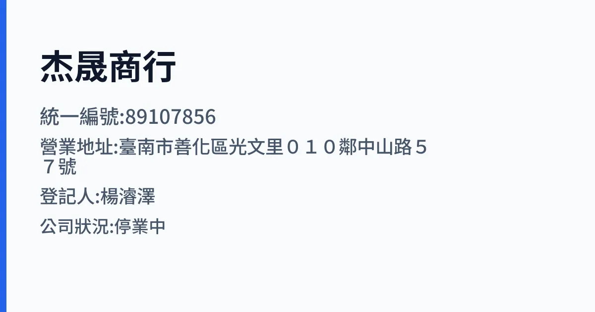 杰晟商行 - 統編 89107856(臺南市) 公司登記資料與營業項目詳細圖表