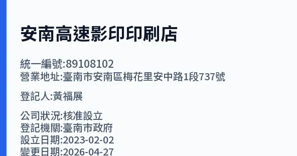 安南高速影印印刷店的照片-統編 89108102(臺南市) 公司登記資料與營業項目詳細圖表