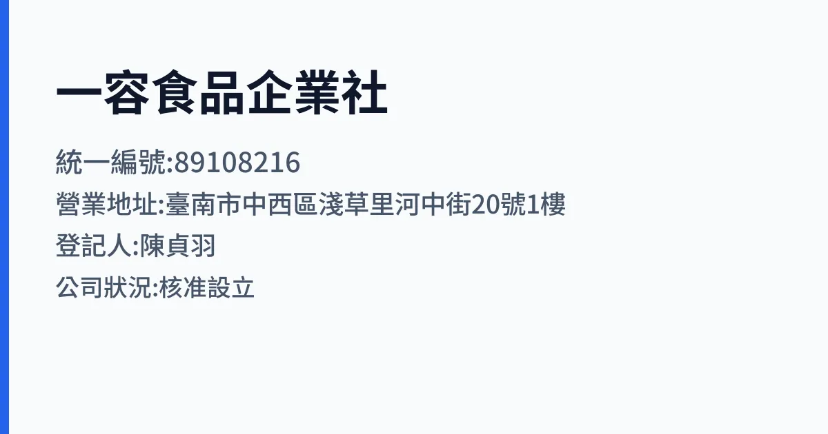 一容食品企業社 - 統編 89108216（臺南市） 公司登記資料與營業項目詳細圖表