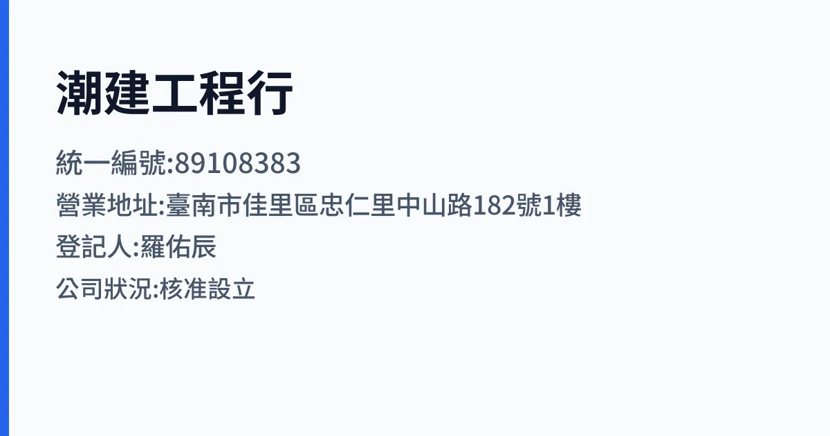 潮建工程行 - 統編 89108383（臺南市） 公司登記資料與營業項目詳細圖表