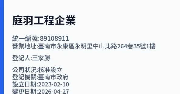 庭羽工程企業的照片-統編 89108911(臺南市) 公司登記資料與營業項目詳細圖表