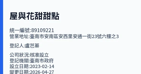 屋與花甜甜點的照片-統編 89109221(臺南市) 公司登記資料與營業項目詳細圖表