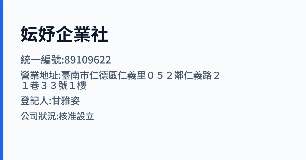 妘妤企業社 - 統編 89109622(臺南市) 公司登記資料與營業項目詳細圖表