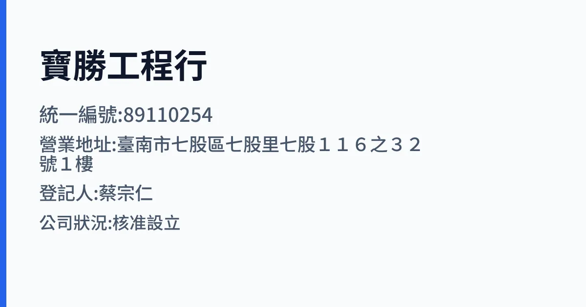 寶勝工程行 - 統編 89110254(臺南市) 公司登記資料與營業項目詳細圖表