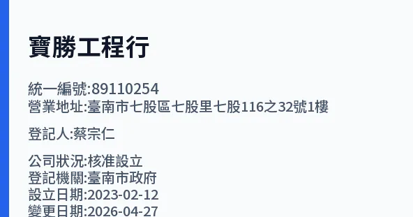 寶勝工程行的照片-統編 89110254(臺南市) 公司登記資料與營業項目詳細圖表