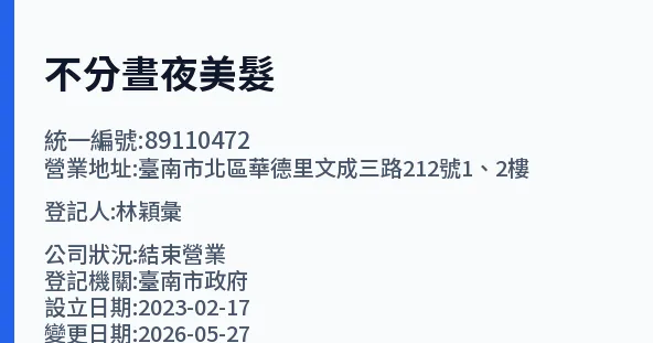 不分晝夜美髮的照片-統編 89110472(臺南市) 公司登記資料與營業項目詳細圖表
