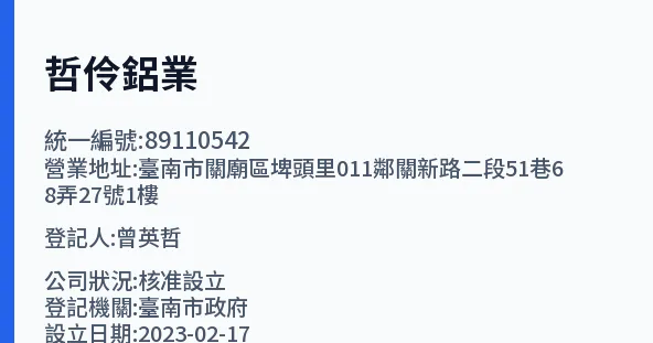 哲伶鋁業的照片-統編 89110542(臺南市) 公司登記資料與營業項目詳細圖表