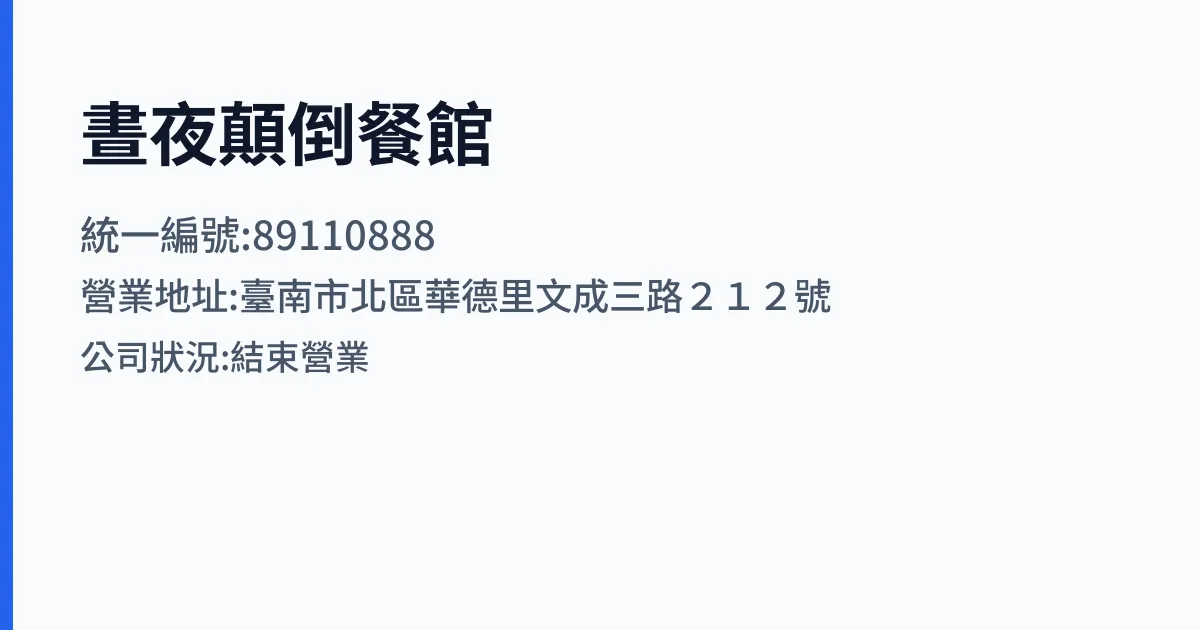 晝夜顛倒餐館 - 統編 89110888(臺南市) 公司登記資料與營業項目詳細圖表