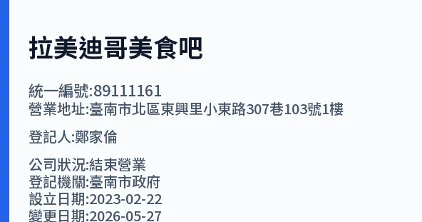 拉美迪哥美食吧的照片-統編 89111161(臺南市) 公司登記資料與營業項目詳細圖表