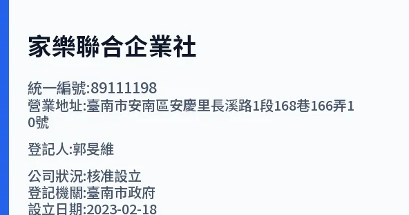 家樂聯合企業社的照片-統編 89111198(臺南市) 公司登記資料與營業項目詳細圖表