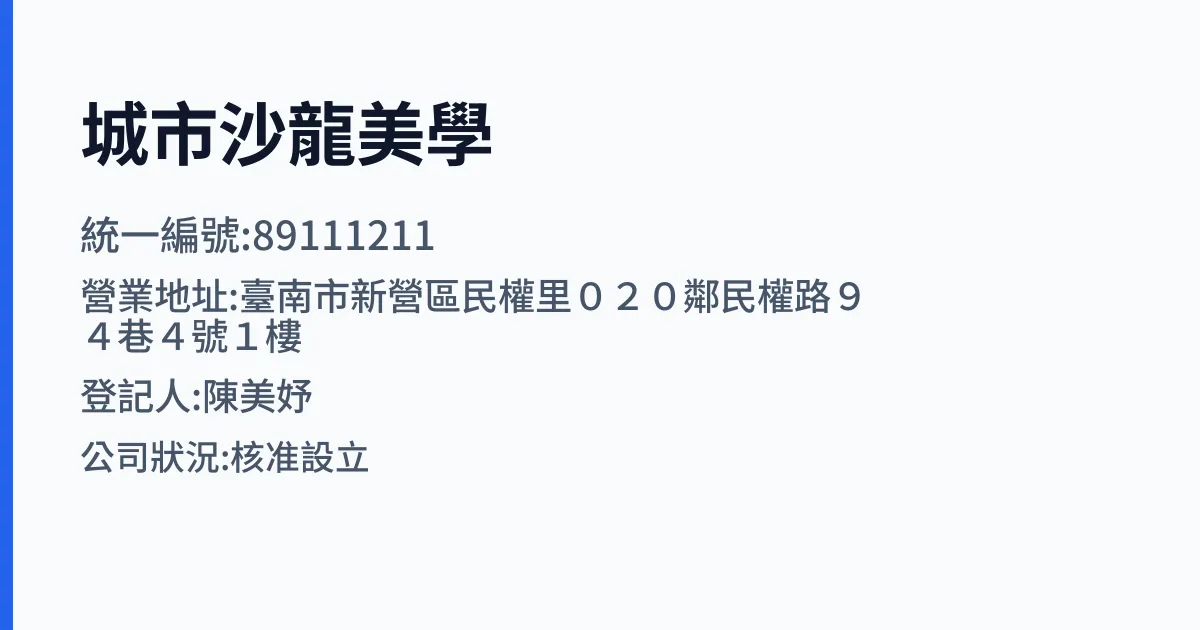 城市沙龍美學 - 統編 89111211(臺南市) 公司登記資料與營業項目詳細圖表