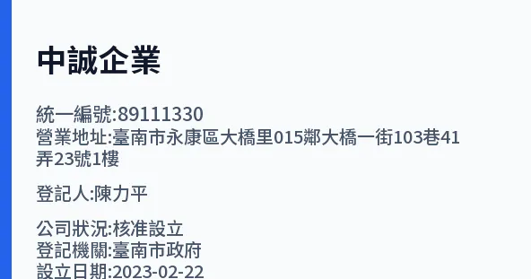 中誠企業的照片-統編 89111330(臺南市) 公司登記資料與營業項目詳細圖表