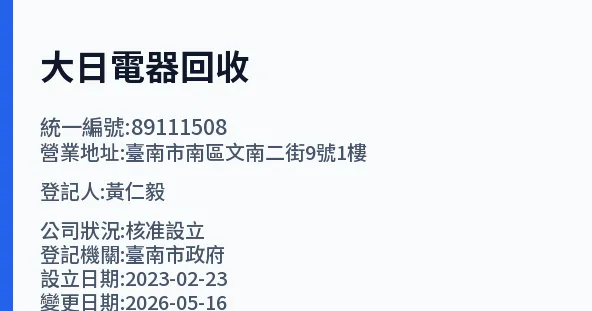 大日電器回收的照片-統編 89111508(臺南市) 公司登記資料與營業項目詳細圖表