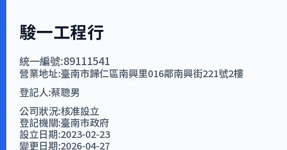 駿一工程行的照片-統編 89111541(臺南市) 公司登記資料與營業項目詳細圖表