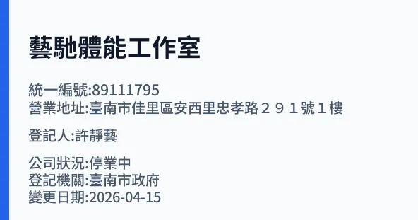 藝馳體能工作室的照片-統編 89111795(臺南市) 公司登記資料與營業項目詳細圖表