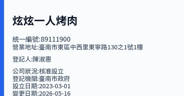 炫炫一人烤肉的照片-統編 89111900(臺南市) 公司登記資料與營業項目詳細圖表