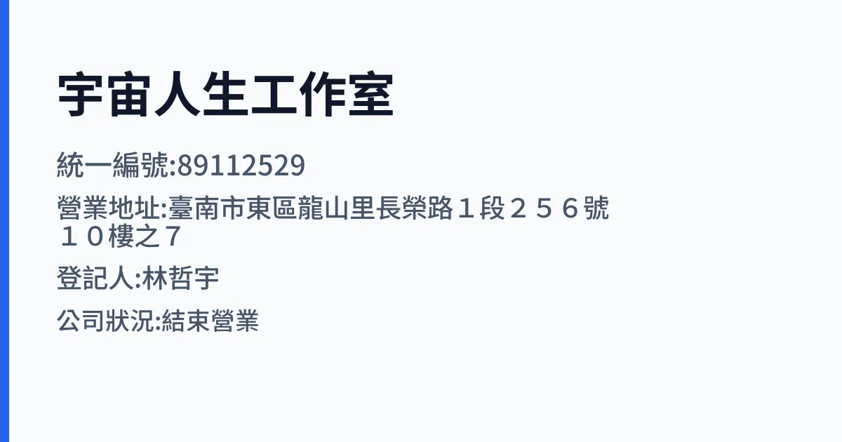 宇宙人生工作室 - 統編 89112529(臺南市) 公司登記資料與營業項目詳細圖表