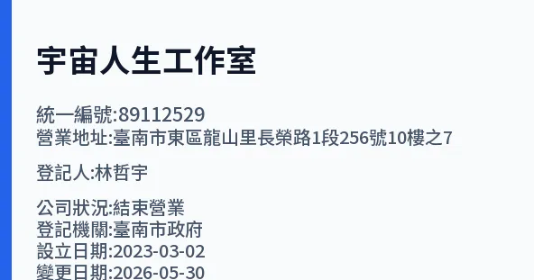 宇宙人生工作室的照片-統編 89112529(臺南市) 公司登記資料與營業項目詳細圖表