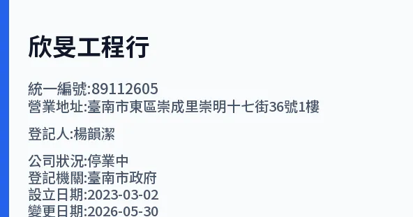 欣旻工程行的照片-統編 89112605(臺南市) 公司登記資料與營業項目詳細圖表