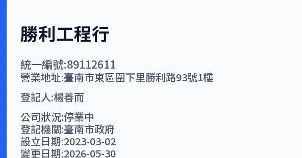 勝利工程行的照片-統編 89112611(臺南市) 公司登記資料與營業項目詳細圖表