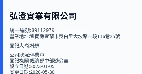 弘澄實業有限公司的照片-統編 89112979(宜蘭縣) 公司登記資料與營業項目詳細圖表