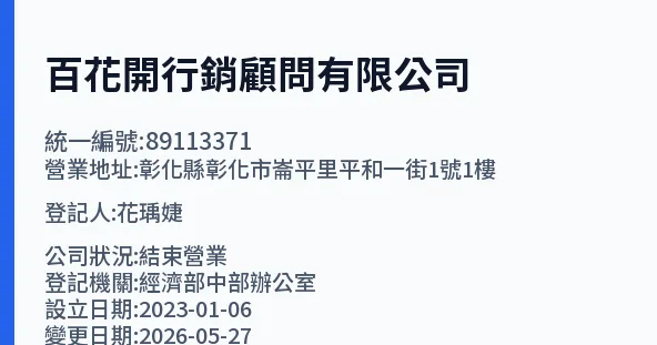 百花開行銷顧問有限公司的照片-統編 89113371(彰化縣) 公司登記資料與營業項目詳細圖表