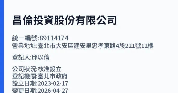 昌倫投資股份有限公司的照片-統編 89114174(臺北市) 公司登記資料與營業項目詳細圖表