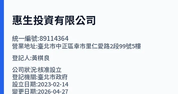 惠生投資有限公司的照片-統編 89114364(臺北市) 公司登記資料與營業項目詳細圖表