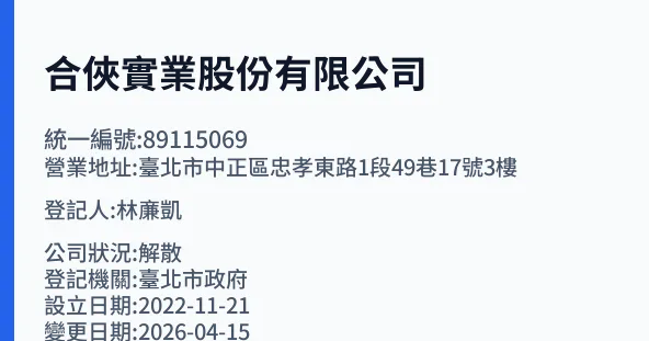 合俠實業股份有限公司的照片-統編 89115069(臺北市) 公司登記資料與營業項目詳細圖表