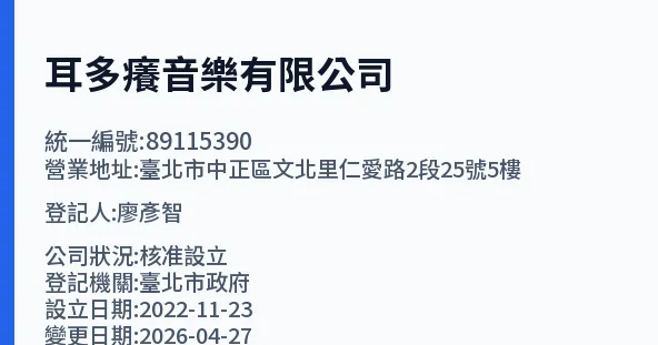 耳多癢音樂有限公司的照片-統編 89115390(臺北市) 公司登記資料與營業項目詳細圖表