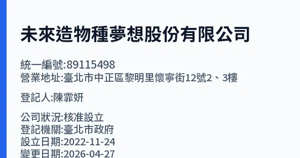 未來造物種夢想股份有限公司的照片-統編 89115498(臺北市) 公司登記資料與營業項目詳細圖表