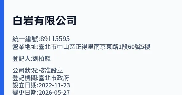 白岩有限公司的照片-統編 89115595(臺北市) 公司登記資料與營業項目詳細圖表