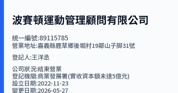 波賽頓運動管理顧問有限公司的照片-統編 89115785(嘉義縣) 公司登記資料與營業項目詳細圖表
