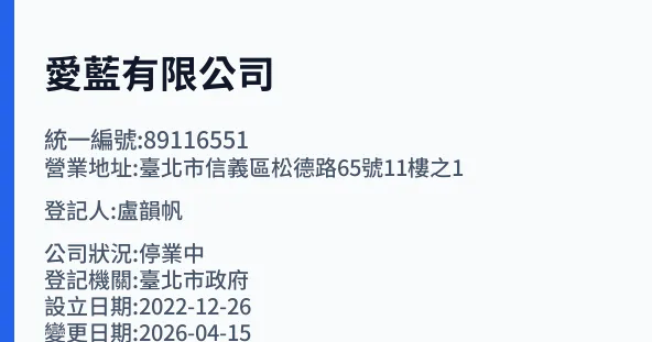 愛藍有限公司的照片-統編 89116551(臺北市) 公司登記資料與營業項目詳細圖表