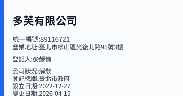 多芙有限公司的照片-統編 89116721(臺北市) 公司登記資料與營業項目詳細圖表