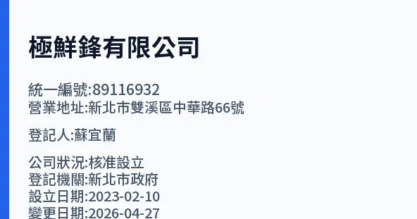 極鮮鋒有限公司的照片-統編 89116932(新北市) 公司登記資料與營業項目詳細圖表