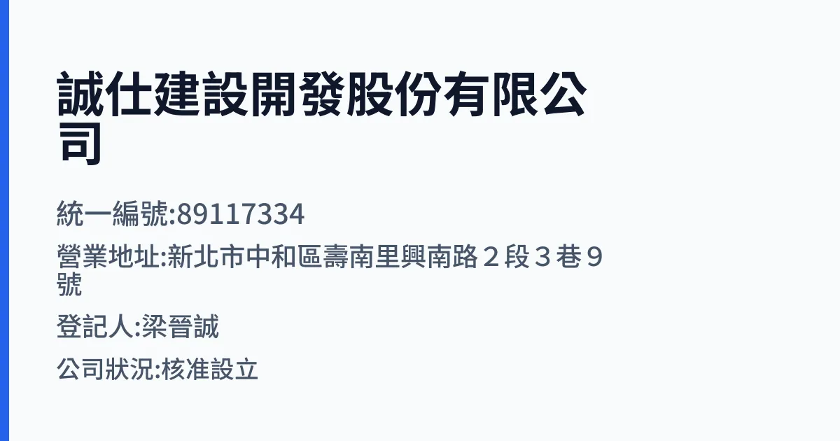誠仕建設開發股份有限公司 - 統編 89117334(新北市) 公司登記資料與營業項目詳細圖表