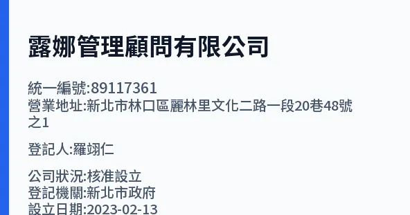 露娜管理顧問有限公司的照片-統編 89117361(新北市) 公司登記資料與營業項目詳細圖表