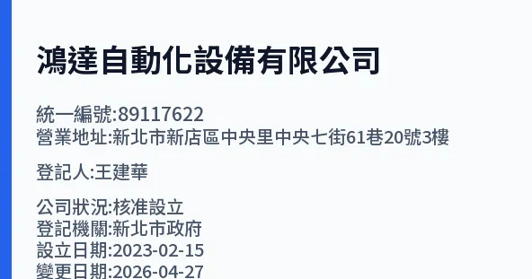 鴻達自動化設備有限公司的照片-統編 89117622(新北市) 公司登記資料與營業項目詳細圖表
