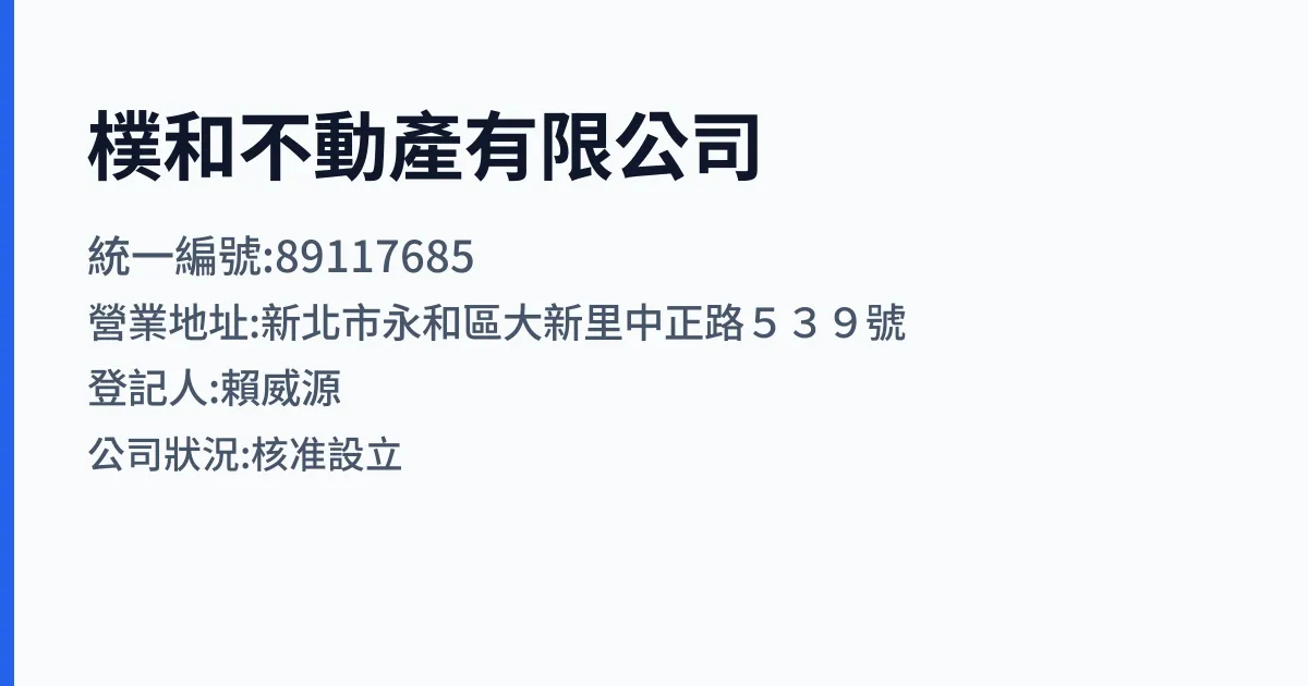 樸和不動產有限公司 - 統編 89117685(新北市) 公司登記資料與營業項目詳細圖表